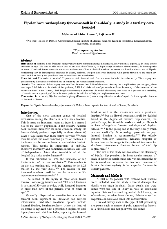 (PDF) Bipolar hemi-arthroplasty (uncemented) in the elderly: a study in ...