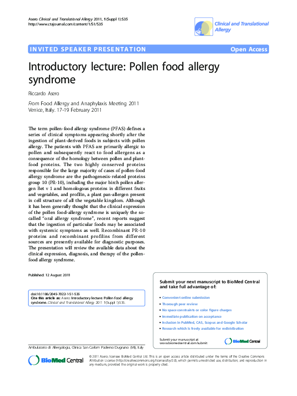 (PDF) Introductory lecture: Pollen food allergy syndrome