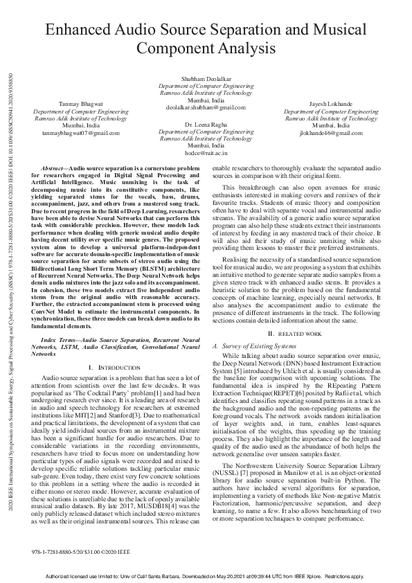 (PDF) Enhanced Audio Source Separation and Musical Component Analysis