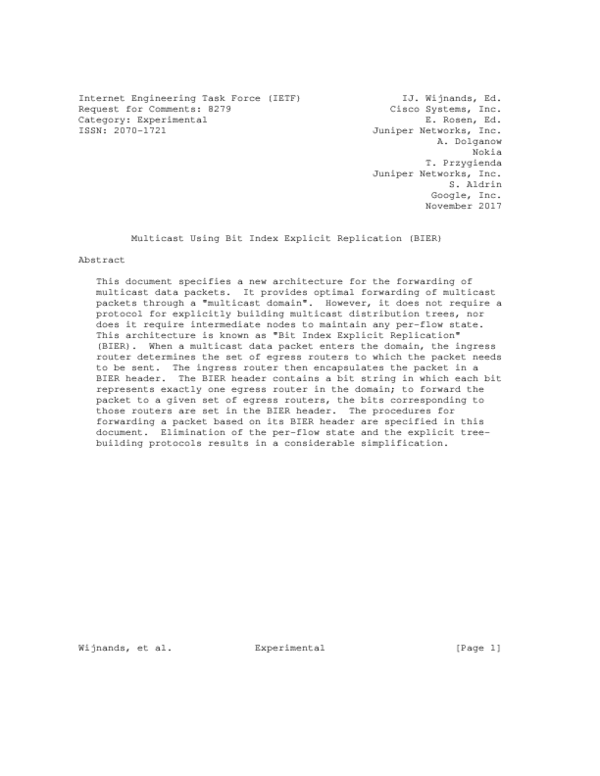 (PDF) Multicast Using Bit Index Explicit Replication (BIER)