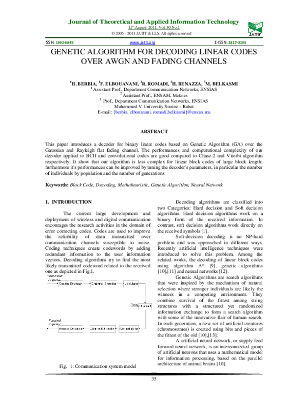 (PDF) Genetic Algorithm for Decoding Linear Codes Over Awgn and Fading Channels 1