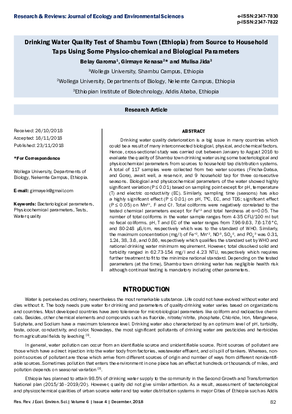 (PDF) Drinking Water Quality Test of Shambu Town (Ethiopia) from Source ...