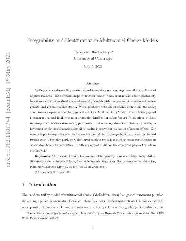 (PDF) Integrability and Identification in Multinomial Choice Models