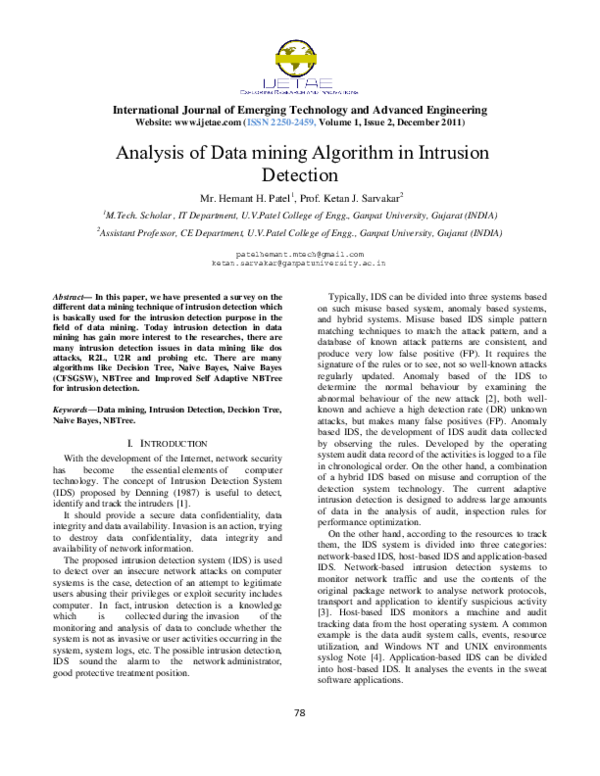 Pdf Analysis Of Data Mining Algorithm In Intrusion Detection