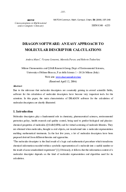 (PDF) Dragon Software: An Easy Approach to Molecular Descriptor ...