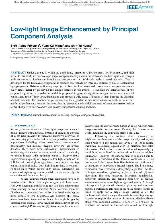 (PDF) Low-light Image Enhancement by Principal Component Analysis