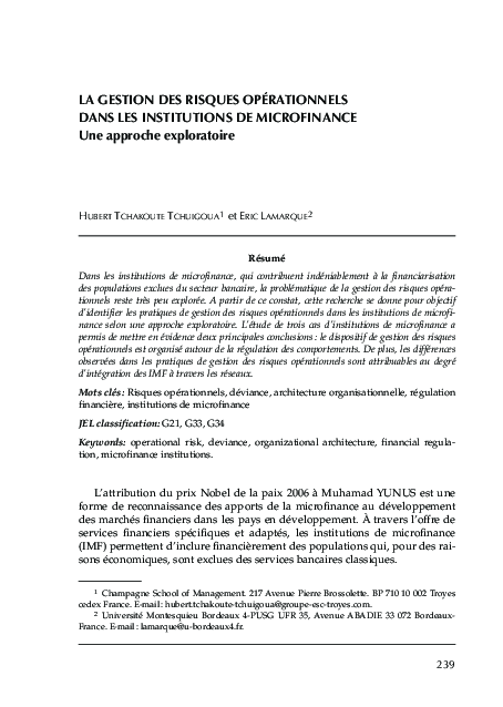 (PDF) La gestion des risques opérationnels dans les institutions de microfinance. Une approche ...