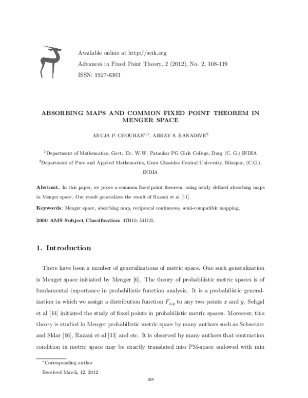 (PDF) Absorbing maps and common fixed point theorem in Menger space