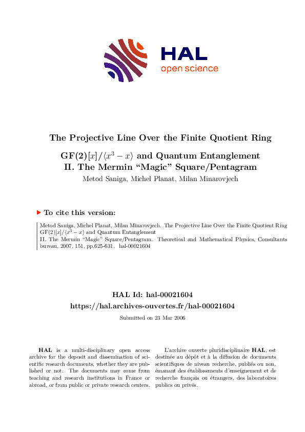 (PDF) Projective Line GF(2)[x]/(x³-x) and Mermin's Magic Square