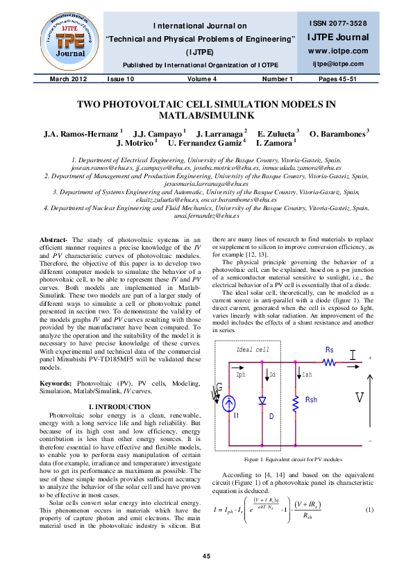 (PDF) Two Photovoltaic Cell Simulation Models in Matlab / Simulink