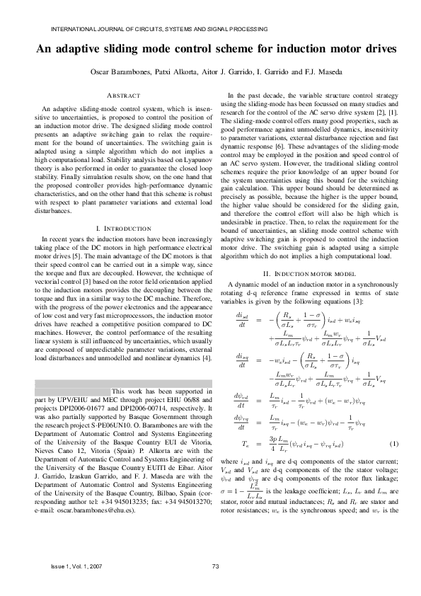 Pdf An Adaptive Sliding Mode Control Scheme For Induction Motor Drives Oscar Barambones