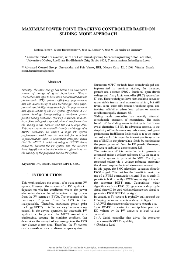 Pdf Maximum Power Point Tracking Controller Based On Sliding Mode Approach