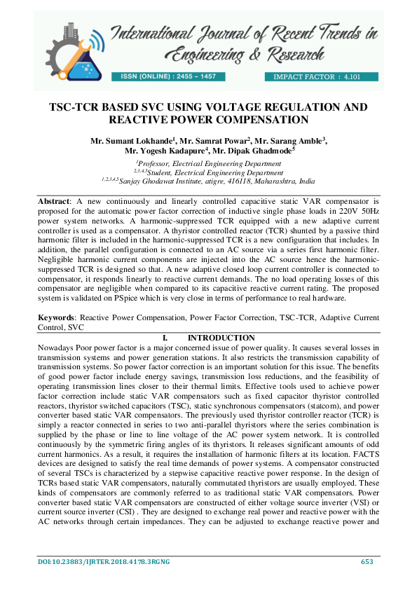 (PDF) TSC-TCR Based SVC Using Voltage Regulation and Reactive Power Compensation