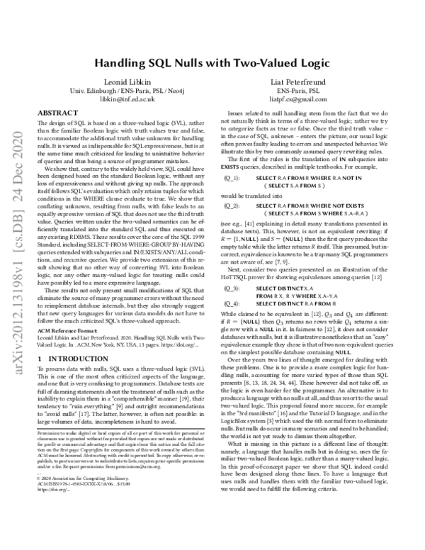 (PDF) Handling SQL Nulls with Two-Valued Logic