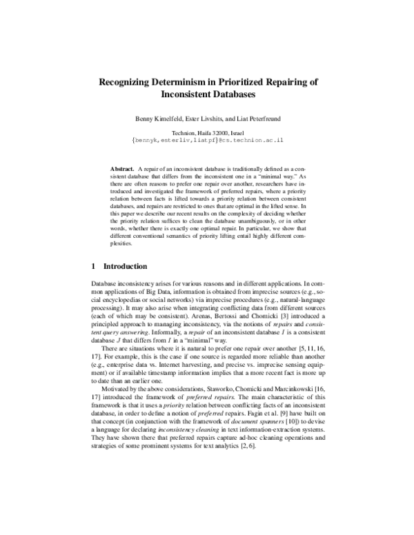 Pdf Recognizing Determinism In Prioritized Repairing Of Inconsistent Databases