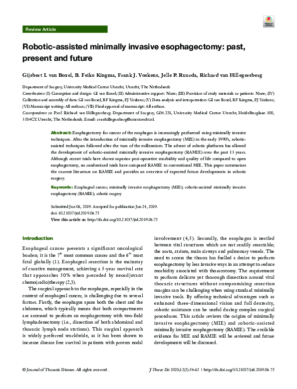 (PDF) Robotic-assisted minimally invasive esophagectomy: past, present and future | Richard Van ...