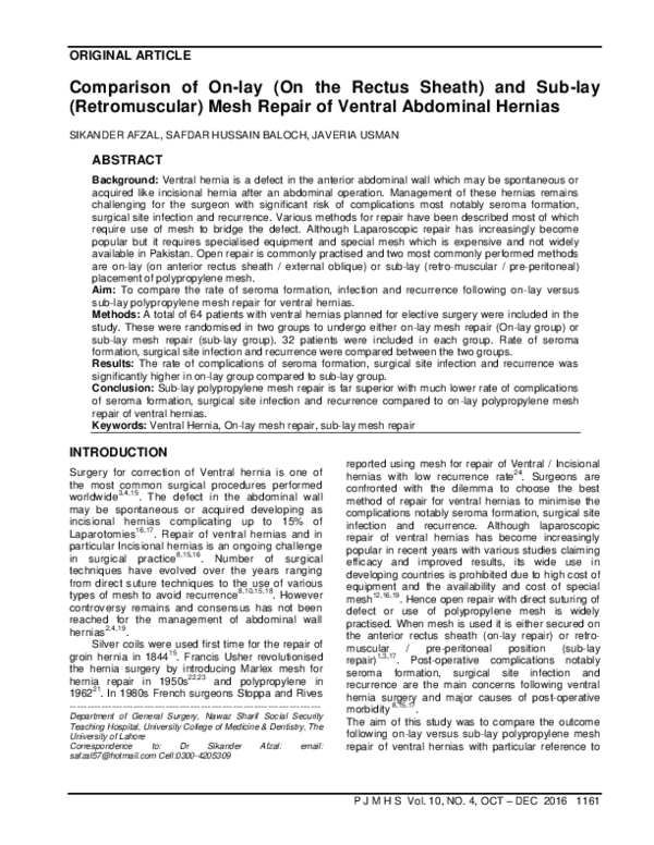(PDF) Comparison of On-lay ( On the Rectus Sheath ) and Sub-lay ...