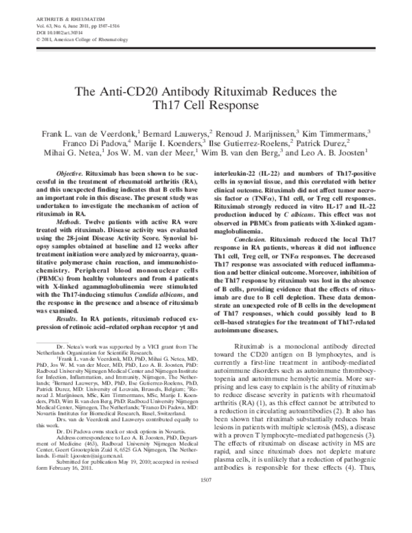 (PDF) The anti-CD20 antibody rituximab reduces the Th17 cell response