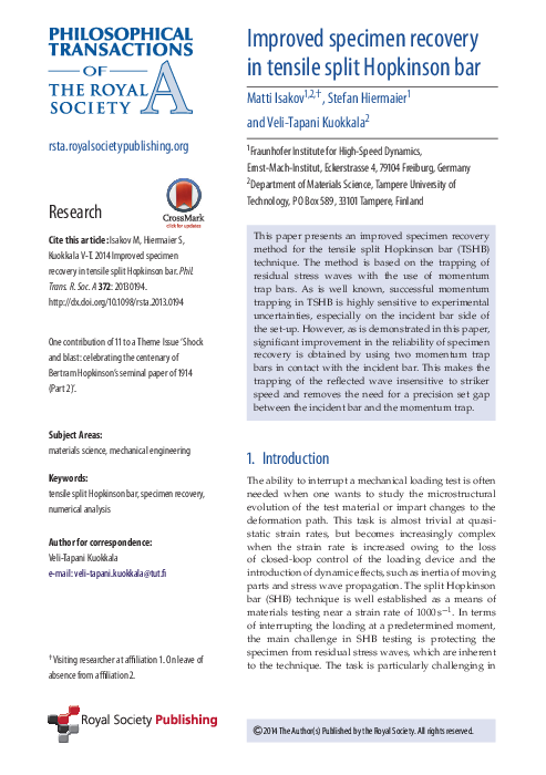 (PDF) Improved specimen recovery in tensile split Hopkinson bar