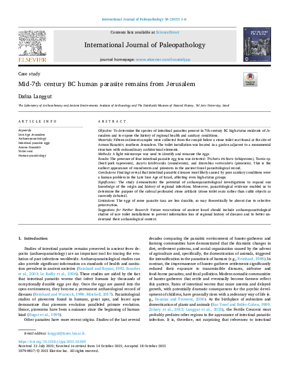 (PDF) Mid-7th century BC human parasite remains from Jerusalem. Langgut ...