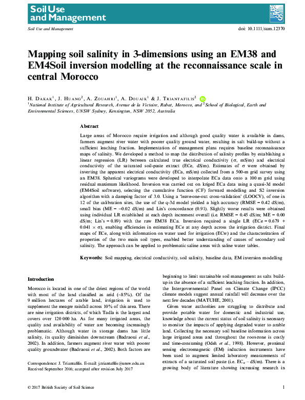 (PDF) Mapping soil salinity in 3-dimensions using an EM38 and EM4Soil ...
