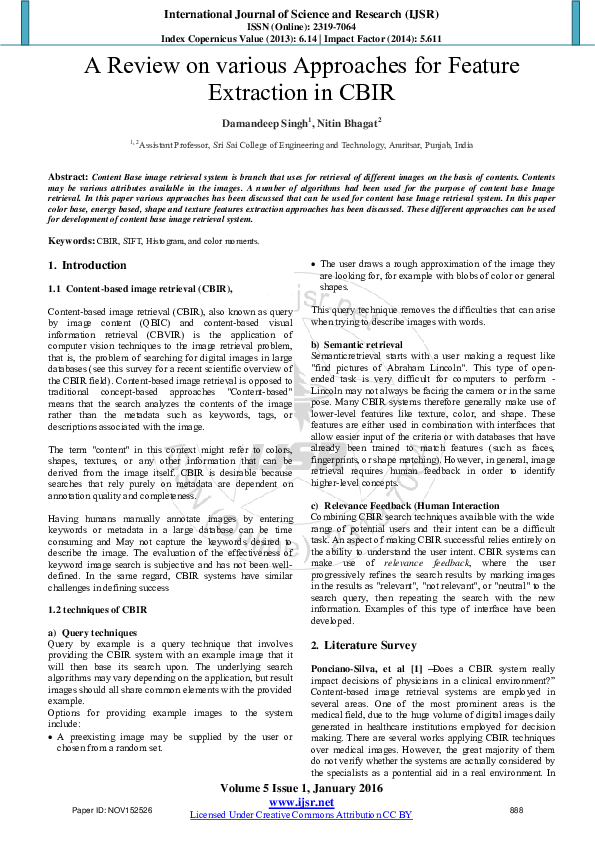 Pdf A Review On Various Approaches For Feature Extraction In Cbir
