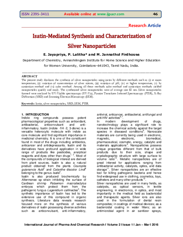 (PDF) Isatin-Mediated Synthesis and Characterization of Silver Nanoparticles