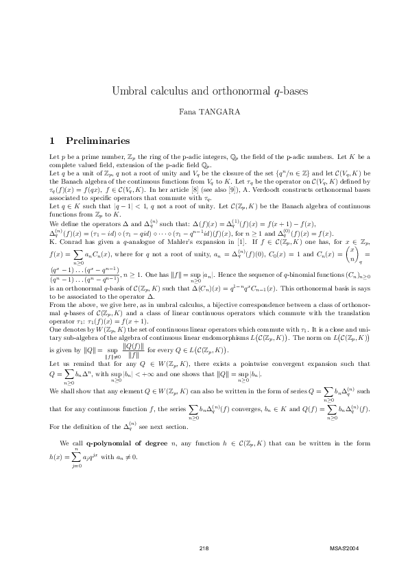 Pdf Umbral Calculus And Orthonormal Q Bases