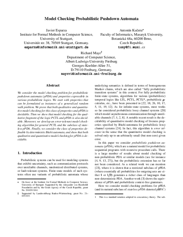 (PDF) Model Checking Probabilistic Pushdown Automata