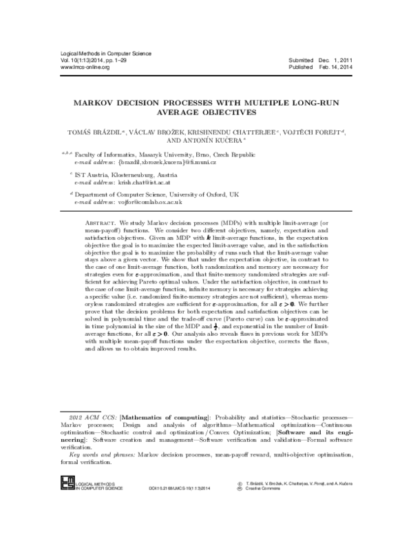 (PDF) Markov decision processes with multiple long-run average objectives | Antonín Kucera ...