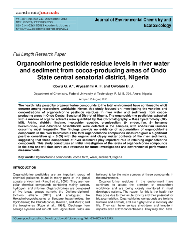 (PDF) Organochlorine pesticide residue levels in river water and sediment from cocoa-producing ...