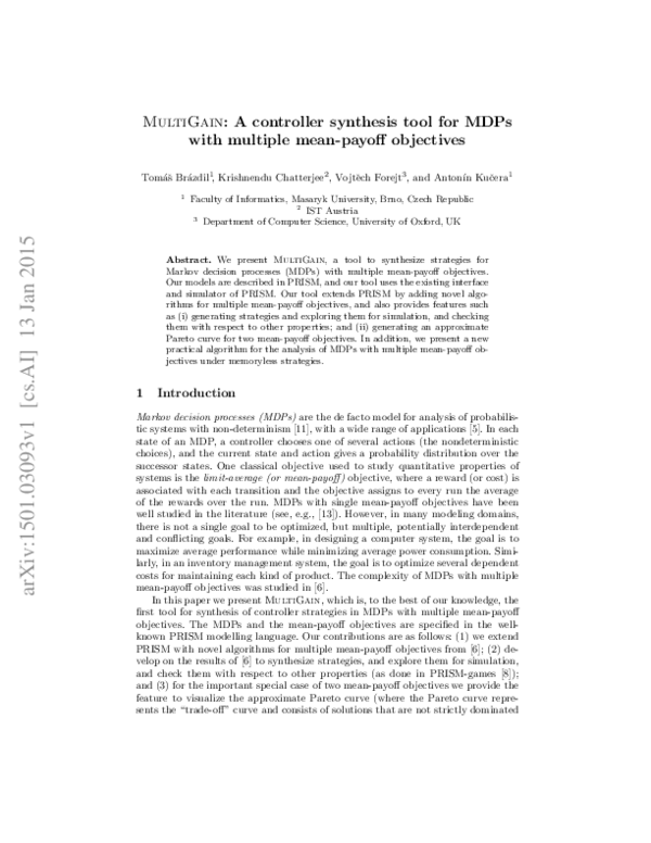 (PDF) MultiGain: A Controller Synthesis Tool for MDPs with Multiple Mean-Payoff Objectives