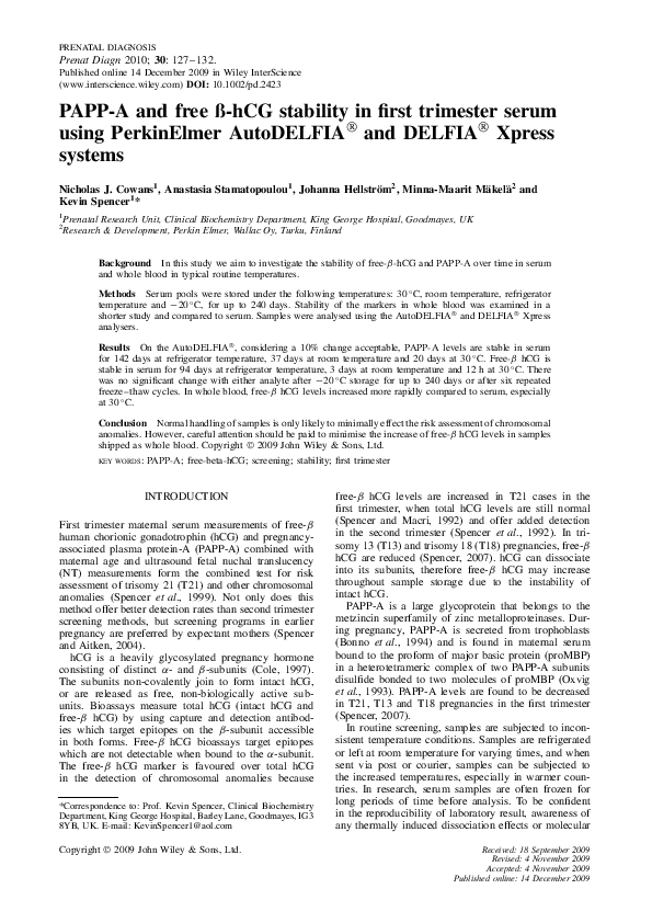 (PDF) PAPP-A and free ß-hCG stability in first trimester serum using ...