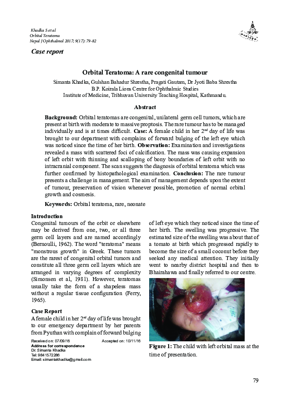 Pdf Orbital Teratoma A Rare Congenital Tumour Jyoti Shrestha