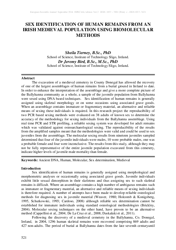 Pdf Molecular Sex Identification Of Juvenile Skeletal Remains From An