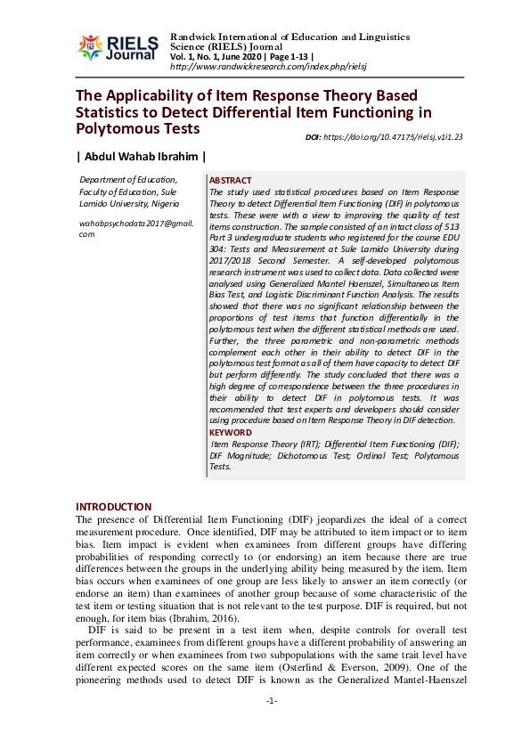 (PDF) The Applicability of Item Response Theory Based Statistics to ... (PDF) The Applicability of Item Response Theory Based Statistics to ...