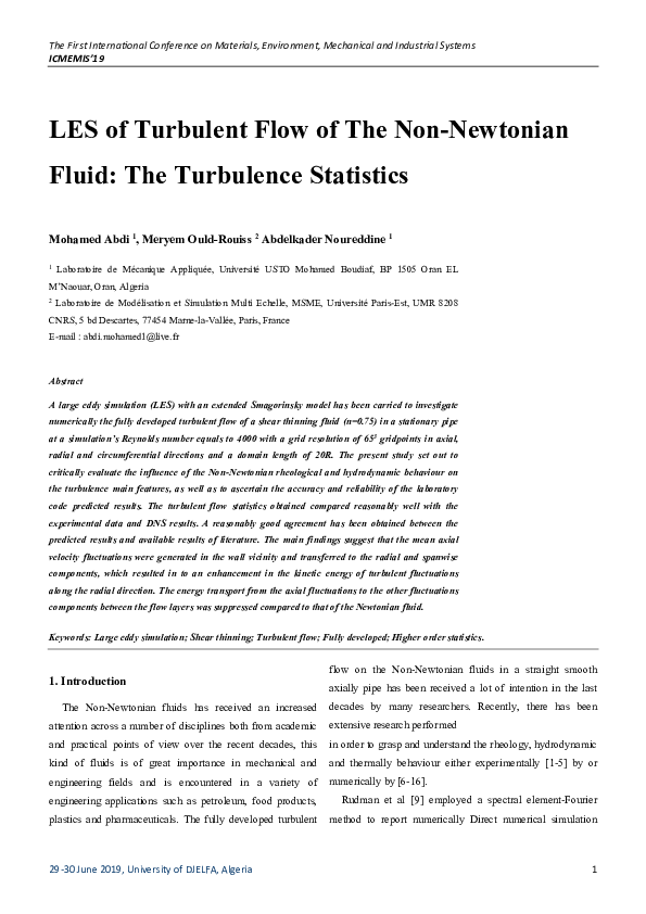 (PDF) LES of Turbulent Flow of The Non-Newtonian Fluid: The Turbulence Statistics | mohamed abdi ...