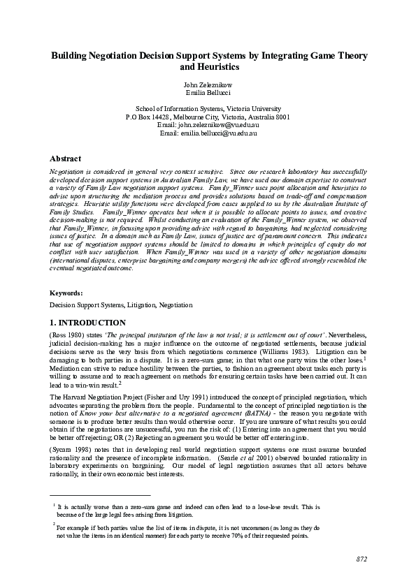 (PDF) Building Negotiation Decision Support Systems by Integrating Game Theory and Heuristics