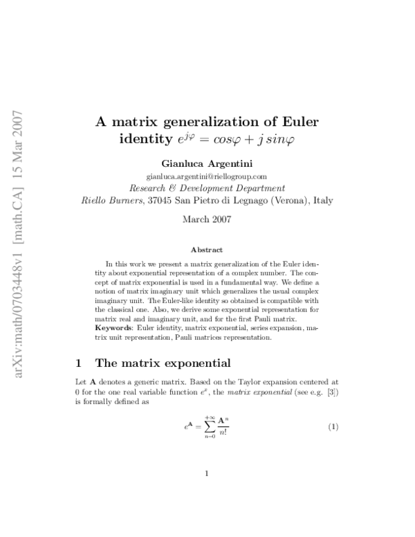 (PDF) A matrix generalization of Euler identity e^(ix) = cosx + i sinx