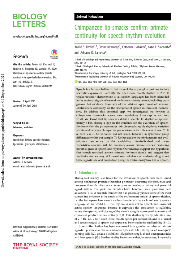 (PDF) Chimpanzee lip-smacks confirm primate continuity for speech ...
