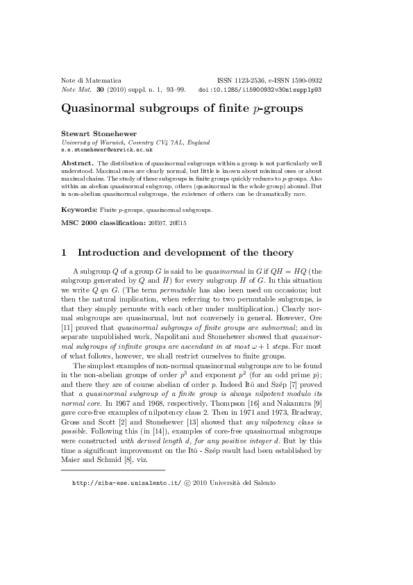 Pdf Quasinormal Subgroups Of Finite P Groups