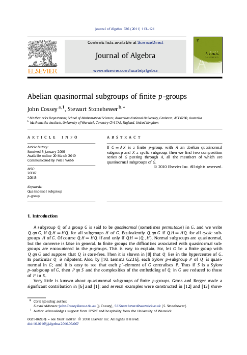 (PDF) Abelian quasinormal subgroups of finite p-groups