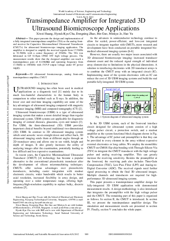 (PDF) Transimpedance Amplifier for Integrated 3D Ultrasound Biomicroscope Applications