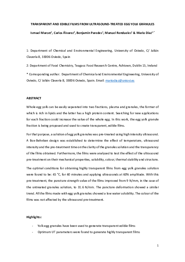 (PDF) Transparent and Edible Films from Ultrasound-Treated Egg Yolk ...