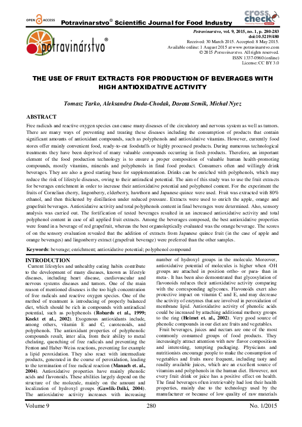(PDF) The use of fruit extracts for production of beverages with high antioxidative activity