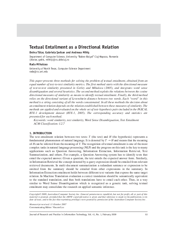 (PDF) Textual Entailment as a Directional Relation