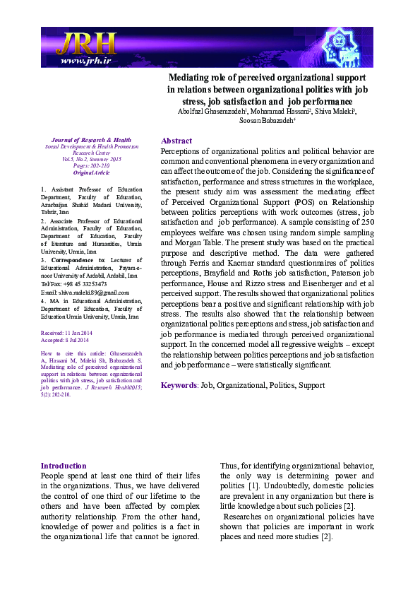(PDF) Mediating role of perceived organizational support in relations between organizational ...