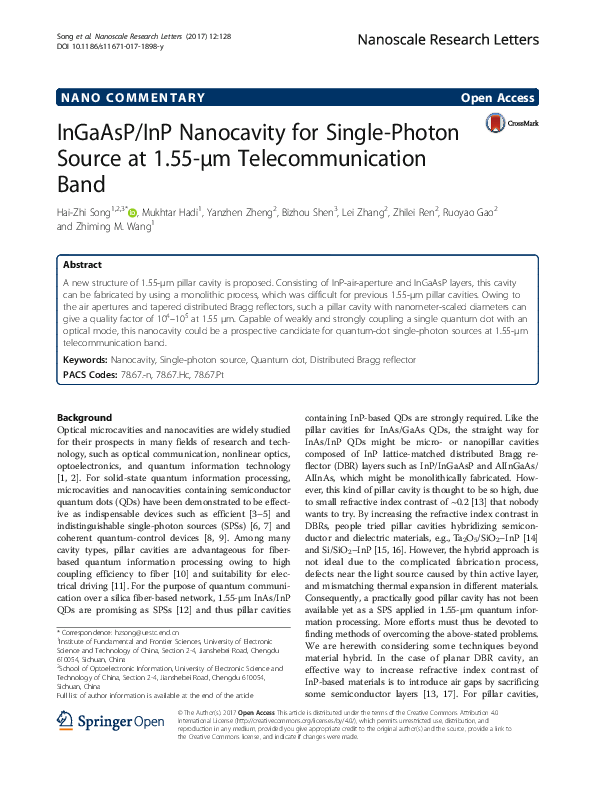 (PDF) InGaAsP/InP Nanocavity for Single-Photon Source at 1.55-μm Telecommunication Band