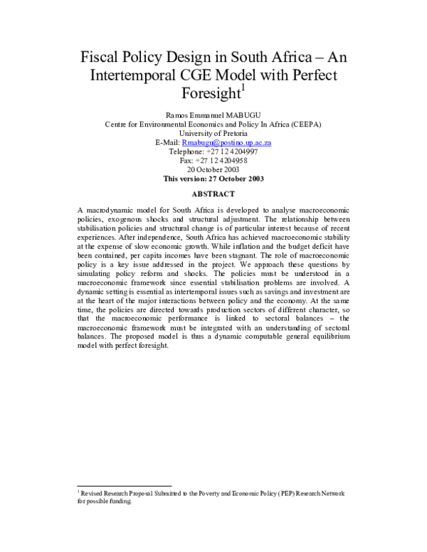 (PDF) Fiscal Policy Design in South Africa: An Intertemporal CGE Model ...