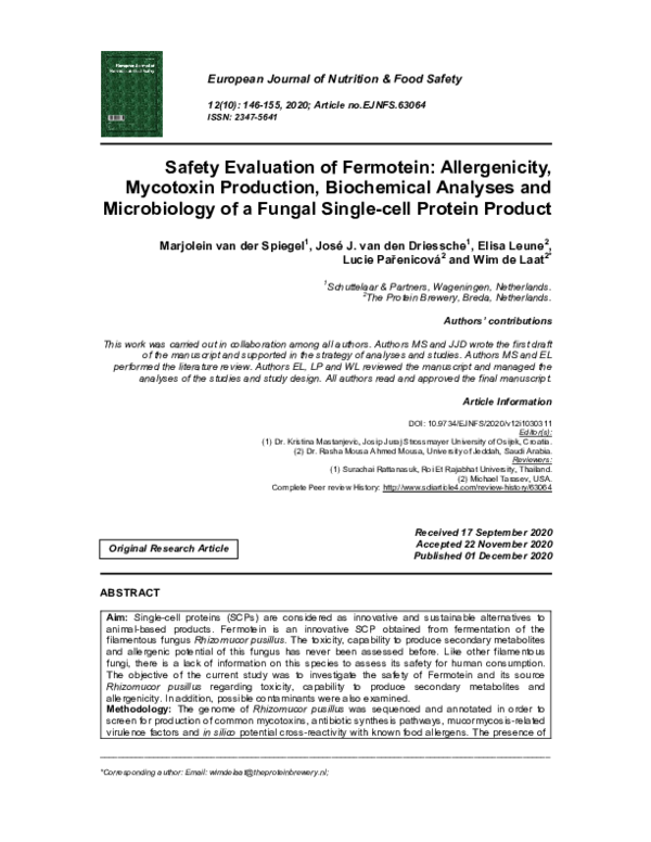 (PDF) Safety Evaluation of Fermotein: Allergenicity, Mycotoxin ...